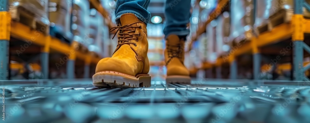 Closeup of the boots worn in the style of an employee in warehouse ...