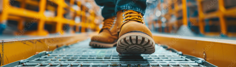 A close-up photo of the soles and laces on an industrial worker's boot ...