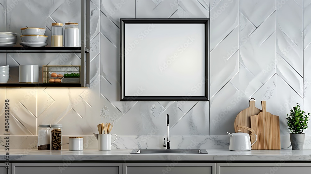 Modern Black Border Frame Mockup on Kitchen Cabinet Shelf with Wall ...