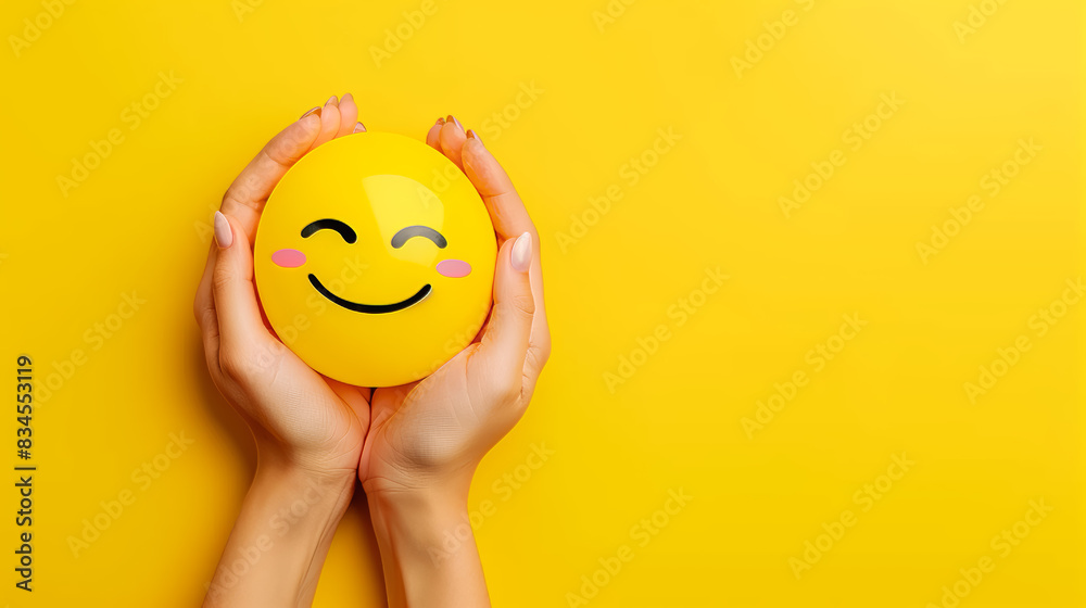 Plakat Obraz Two hands gently holding a yellow smiley face stress ball against a matching yellow background symbolizing happiness and stress relief