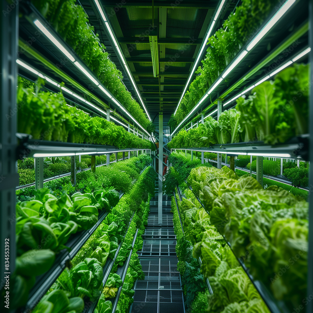 Vertical farm facility, showcasing rows of leafy greens and herbs ...