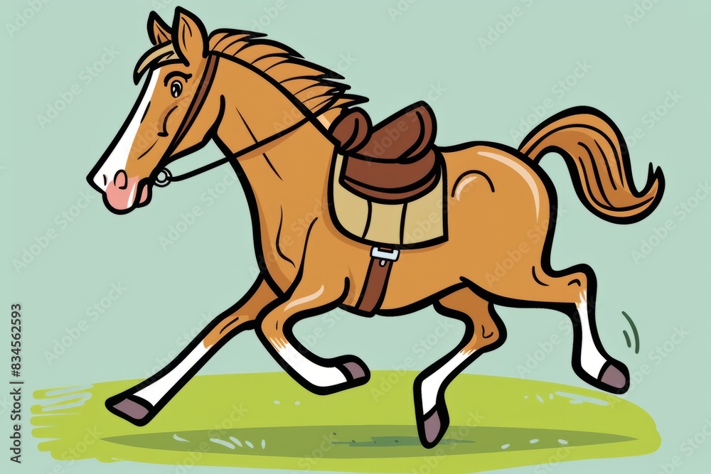Cartoon cute doodles of a horse galloping with a saddle and reins ...