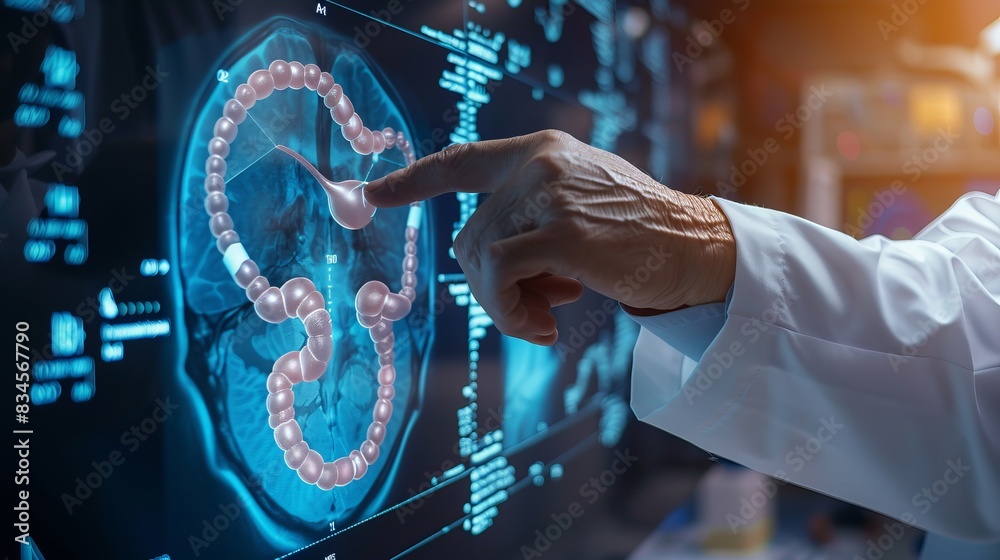A doctor pointing at a detailed X-ray of a colon displayed on a ...