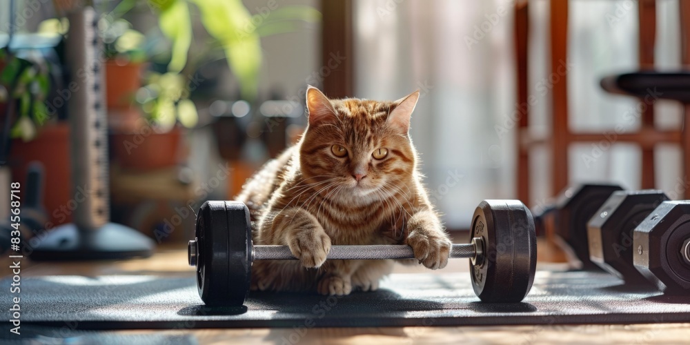 sport banner, soft focus. Cat lifting a dumbbell in a home gym Concept: pet fitness, strong cat ...