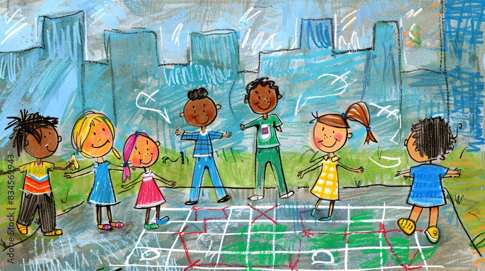 An illustration of kids playing hopscotch on a sidewalk, laughing and ...