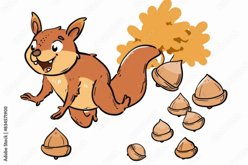 Cartoon cute doodles of a squirrel running with a stack of acorns ...