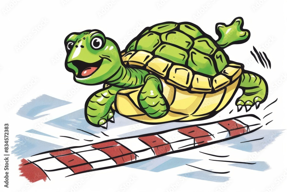 Cartoon cute doodles of a turtle racing with a finish line ahead ...