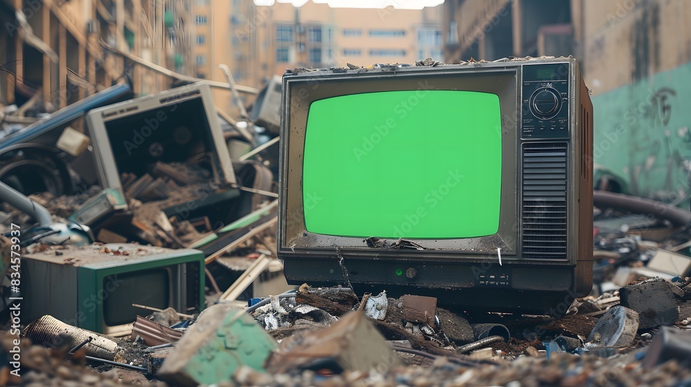 Tube TV in a pile of electronic waste, the TV screen is a green screen ...