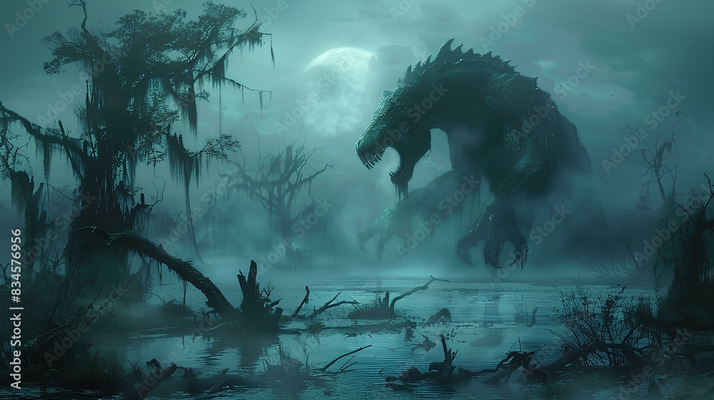 This eerie scene captures a monstrous creature emerging from the mist ...