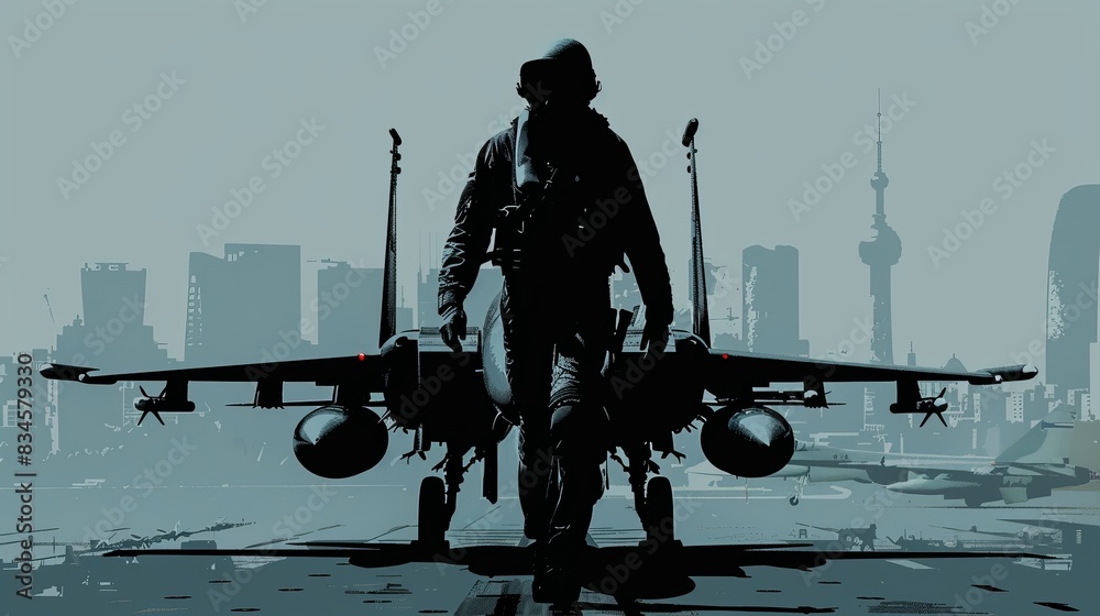 silhouette of jet pilot walking towards fighter jet urban warfare theme ...