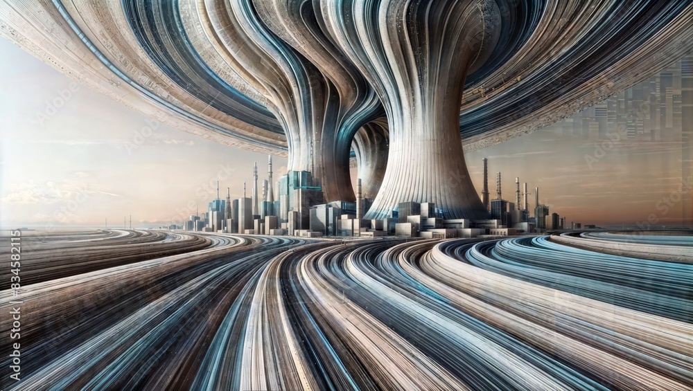 Surreal futuristic cityscape with a towering nuclear reactor structure ...