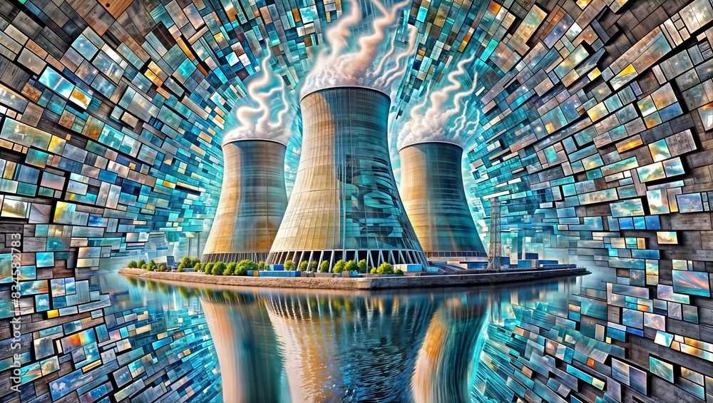 Artistic rendition of a nuclear power plant with three cooling towers ...