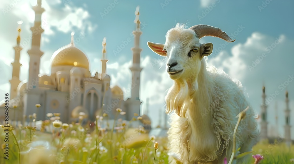 The sacrificial goat eid adha mubarak stand at mosque palace background ...