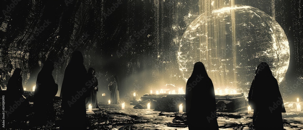 Eerie Satanic Ritual in Dark Cave: Black-Robed Group Performing ...