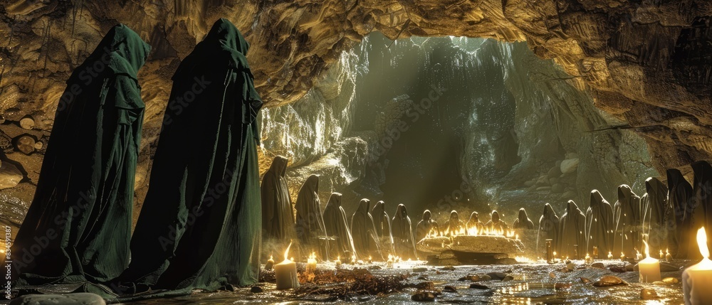 Eerie Satanic Ritual in Dark Cave: Group of Black-Robed Individuals ...