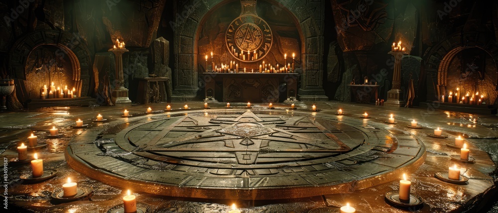 Eerie Satanic Ritual in Dark Candlelit Room with Pentagram and Altar ...