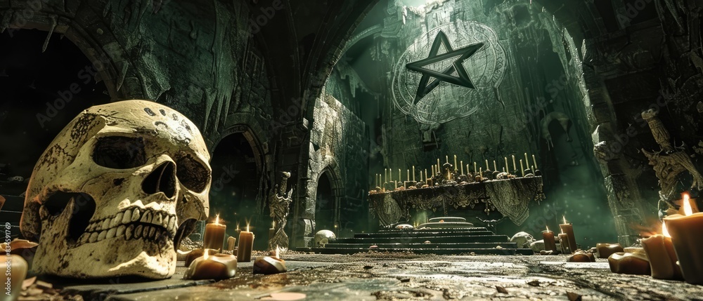 Eerie Gothic Room with Sinister Occult Symbols and Dark Artifacts ...