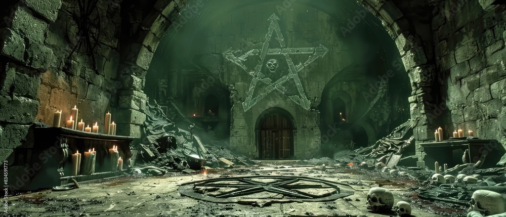 Satanic Ritual: Dark Gothic Room with Pentagram, Candles, and Skulls ...