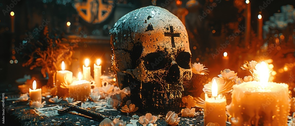 Satanic Ritual Altar: Close-up of Black Dagger, Skull, and Burning ...