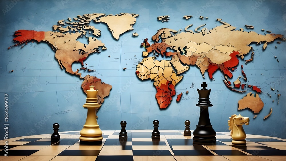Two chess pieces on a global map symbolize geopolitical debate and ...