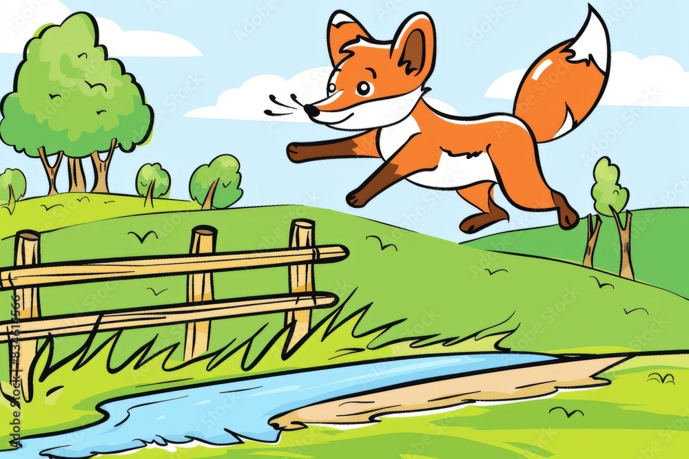 Cartoon cute doodles of a fox jumping over fences and streams in a ...