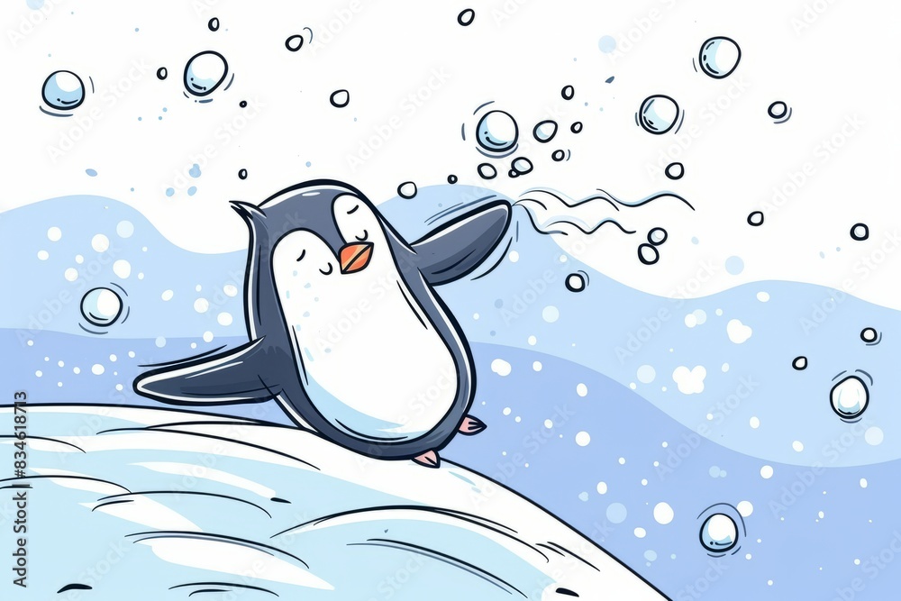 Cartoon cute doodles of a penguin sliding down an icy slope dodging ...