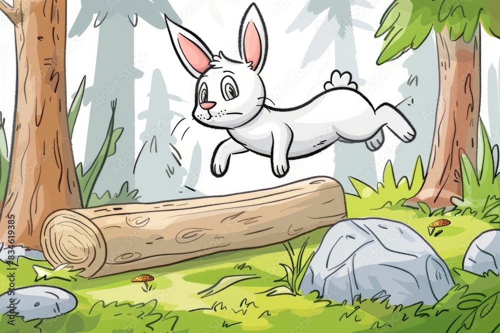 Cartoon cute doodles of a rabbit leaping over logs and rocks in a ...