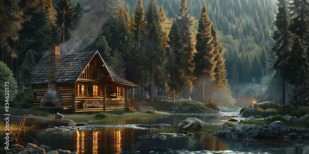 house on the lake, 2d background Cozy Cabin in the Woods A rustic cabin ...