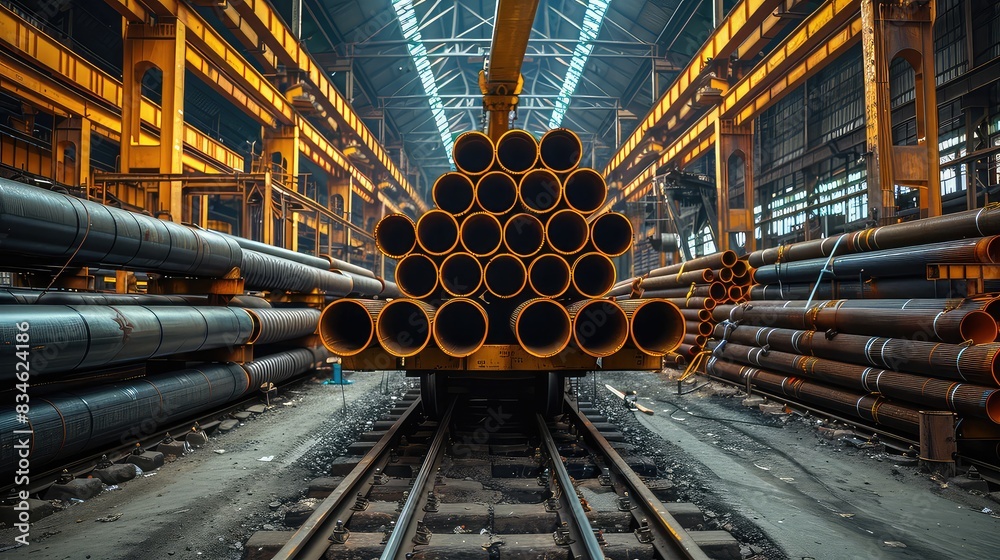 Gantry crane loading a stack of steel pipes in a metallurgical plant ...
