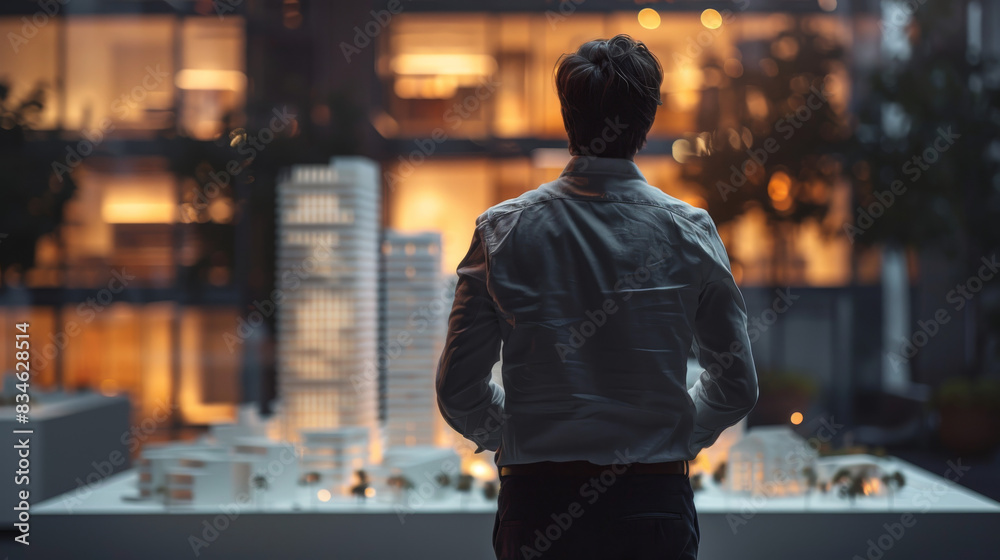 High-definition 4K scene of an engineer standing with his back to the ...