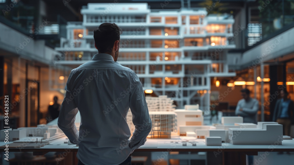 High-definition 4K scene of an engineer standing with his back to the ...
