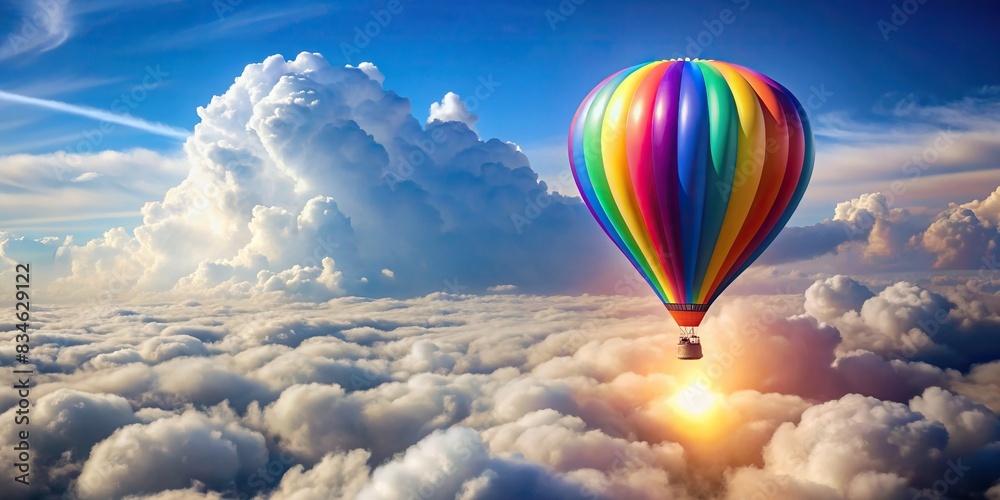 rainbow balloon floating in fluffy clouds , cute, inflated, rainbow ...