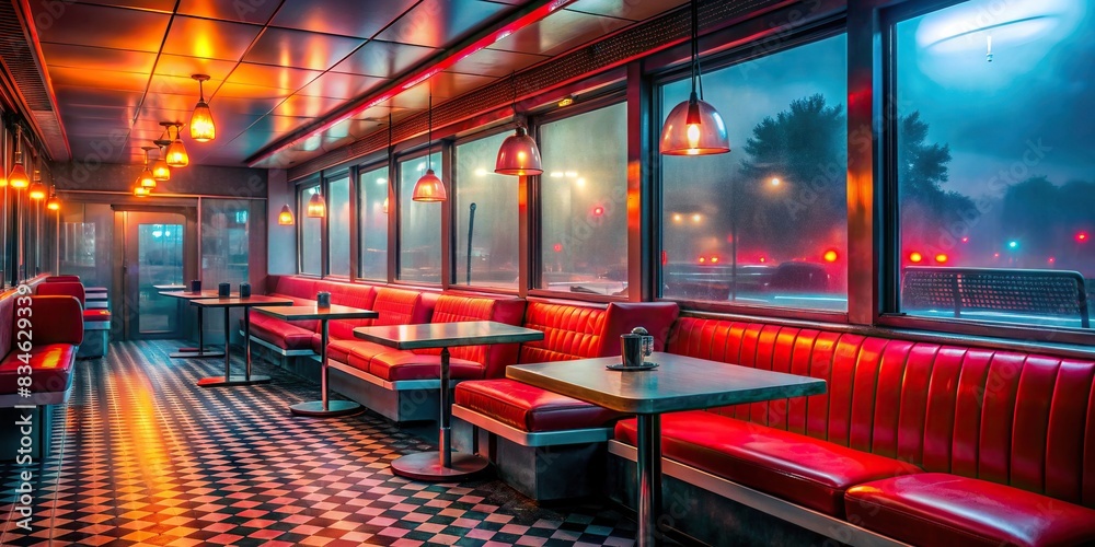 Retro diner with neon red lighting, empty seats, misty street view ...