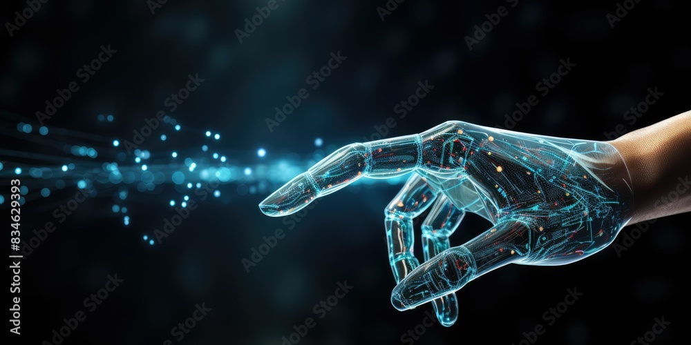 Machine learning. Hand of robot touching on binary data. Futuristic Artificial intelligence ...