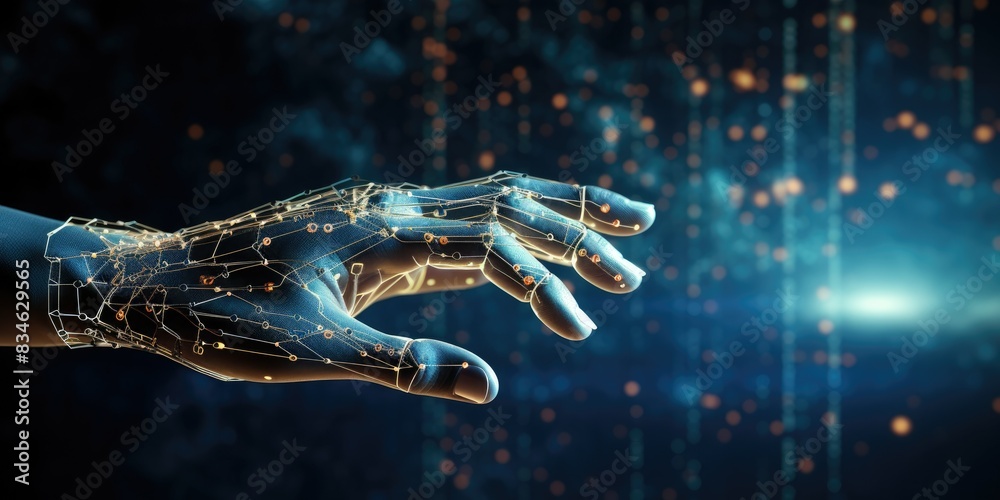 Machine learning. Hand of robot touching on binary data. Futuristic ...