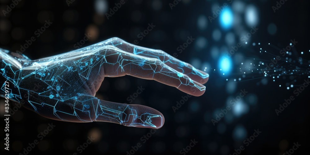 Machine learning. Hand of robot touching on binary data. Futuristic ...
