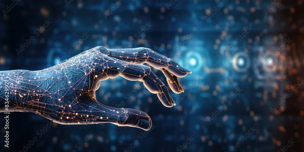 Machine learning. Hand of robot touching on binary data. Futuristic Artificial intelligence ...
