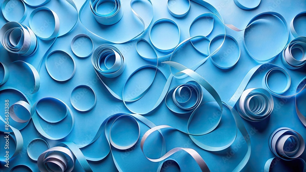Abstract blue background with render curly paper ribbons, minimalist ...
