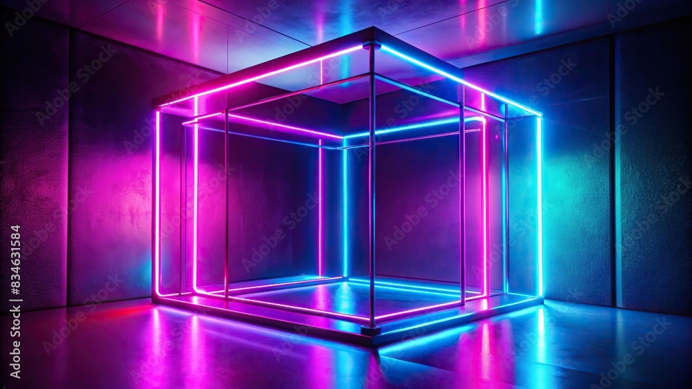 Empty box illuminated with pink and blue neon lights creating abstract ...