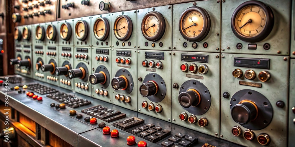 Vintage equipment control panel with knobs, dials, and analog gauges ...