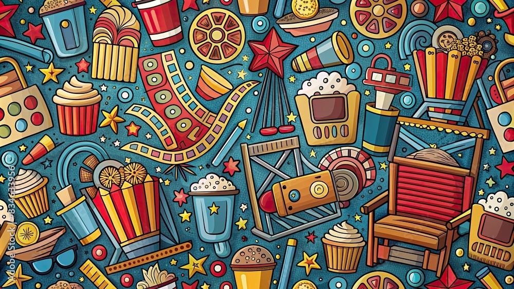 Hand-drawn cinema doodle backgrounds for a movie time setting, movie ...