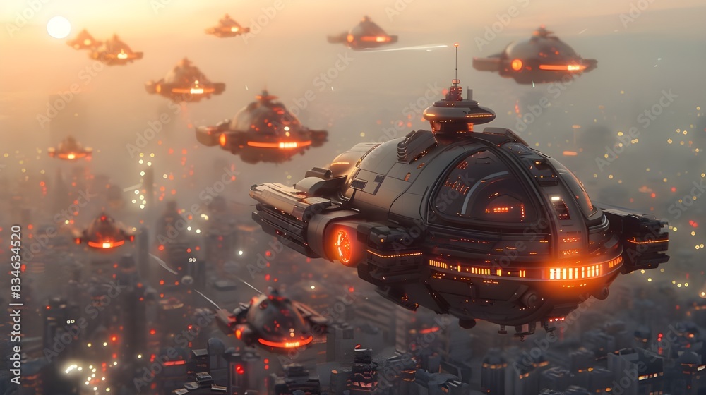 Futuristic city skyline with a swarm of flying robotics, drones with ...