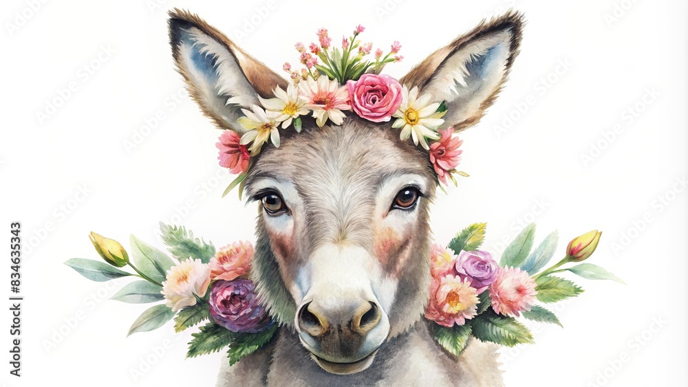 Cute donkey portrait with flowers crown in watercolor style, perfect ...