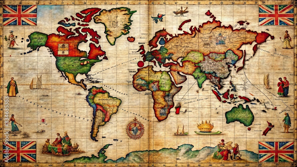 Vintage world map with detailed of United Kingdom within British Empire ...