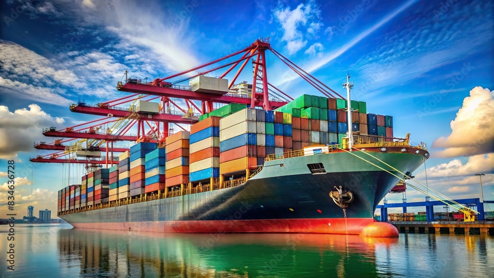 Side view of a large ship with colorful containers docked at the port ...