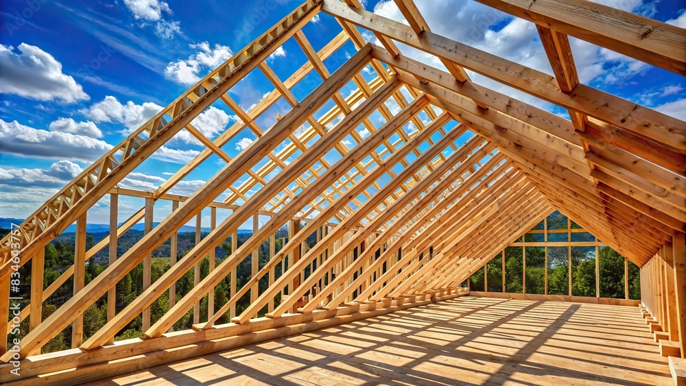 Wood roof trusses made of construction framing beams timber ...