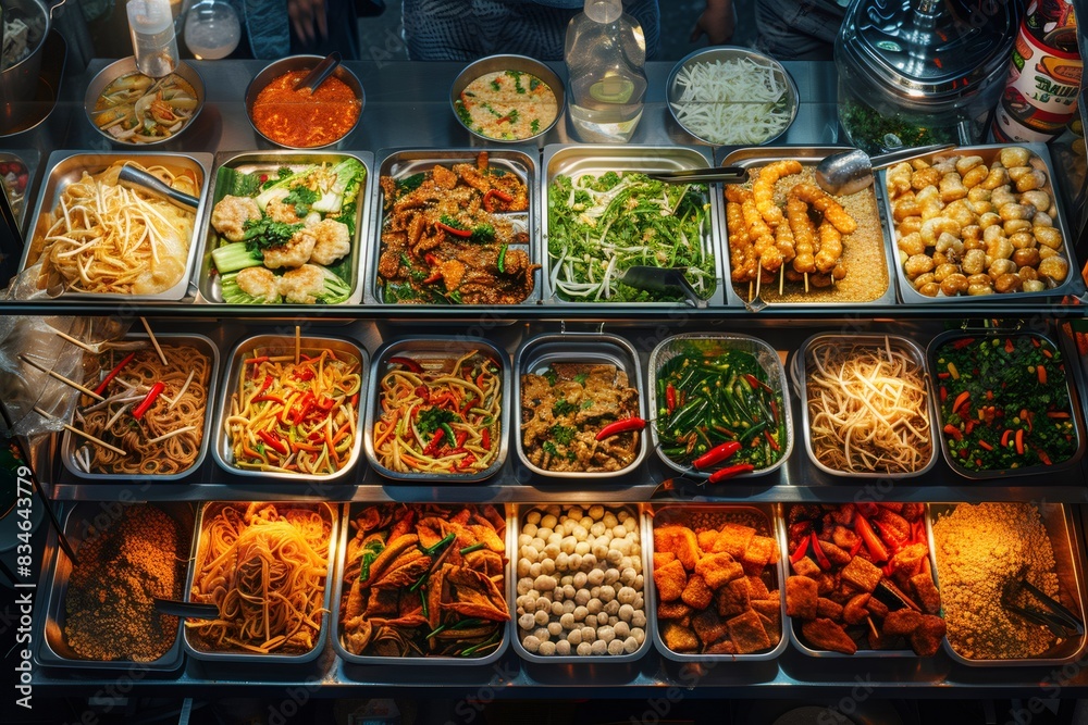 top angle shot of pad thai stall selling at night market street food in ...
