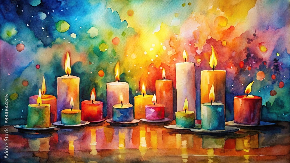 Watercolor painting of burning candles on a table with a colorful background , watercolor ...