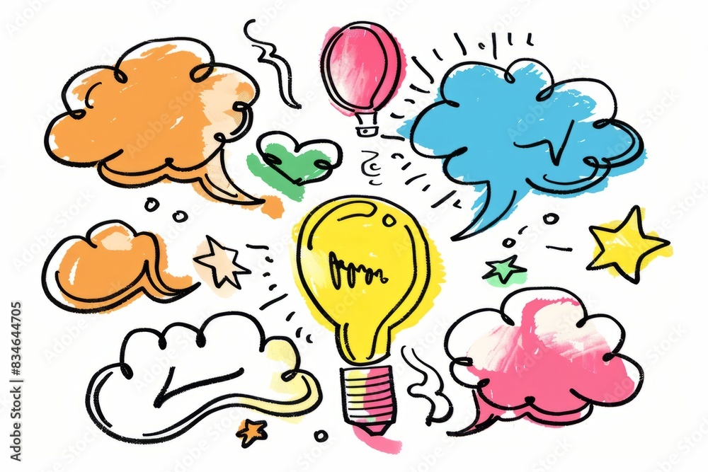 Cartoon cute doodles of a brainstorming session with colorful thought ...