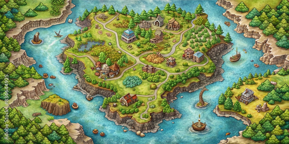 A top down view of a detailed fantasy RPG map , fantasy, top down, RPG ...